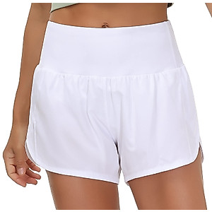 THE GYM PEOPLE Womens High Waisted Running Shorts Quick Dry Athletic Workout Shorts with Mesh Liner Zipper Pockets (White, Large)