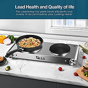 DIDO 1800W Hot Plate, Portable Electric Stove Countertop Cast-Iron Double Burner with Adjustable Temperature& Anti-Slip Feet, Stainless Steel Cooktop for Home/Camp/RV, Compatible for All Cookwares