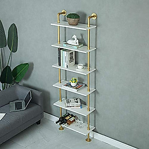 WGX Design For You Industrial 6-Tiers Modern Ladder Shelf Bookcase,Wood Storage Shelf,Display Shelving, Wall Mounted Wood Shelves(Gold)