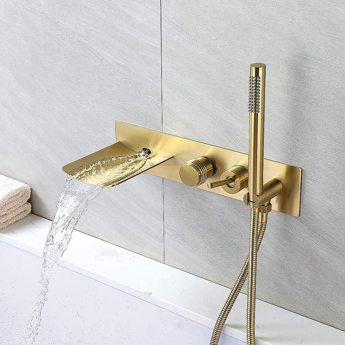 Homelava Waterfall Basin Sink Wall Tap Faucet, Metal Bar Tap Bathtub Shower Tap with Hand Wash Faucet, Rain Faucet Kit Basin Water Control System for Kitchen and Bathroom Gold