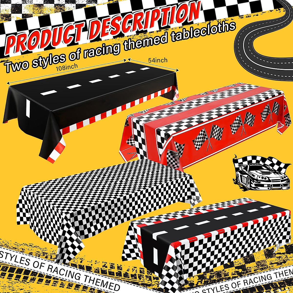 Breling 4 Pcs Car Birthday Party Decorations Plastic Car Table Cloth 4 Styles Disposable Race Road Checkered Party Supplies Car Theme Party Favors for Boys Birthday Baby Shower, 54 x 108 Inch