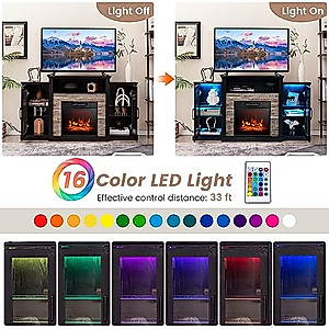Tangkula Electric Fireplace TV Stand, Electric Fireplace Mantel with 16-Color Led Lights, Adjustable Glass Shelves, Remote & Smart APP Control, TV Console for Living Room (Black)