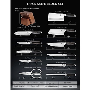 WILDMOK Kitchen Knife Block Set, 17-piece Knife Set with Wooden Block German Steel Kitchen Knives Sets with Bone Chopper, Gift Box