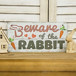 Putuo Decor Rabbit Sign, Outdoor Funny Bunny Decor, Decorative Garden Sign for Porch, Patio, 10x5 Inches Hanging Plaque - Beware of The Rabbit