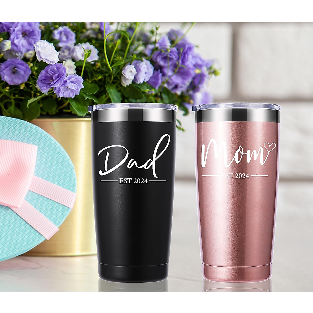 Dad Mom Est 2024 20 OZ Tumbler.Anniversary New Parents Pregnancy New Dad Mom Parents to be Gift.Father's Mother's Day Couples Gifts.New Dad New Mom Mom to Be Dad to Be Gifts.(Black&Rose Gold)