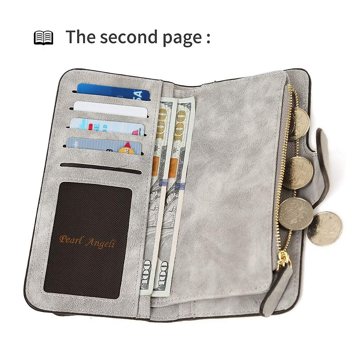 Pearl Angeli Womens Wallet PU Leather RFID Blocking Large Capacity Credit Card Holder for Women Zipper Coin Purse