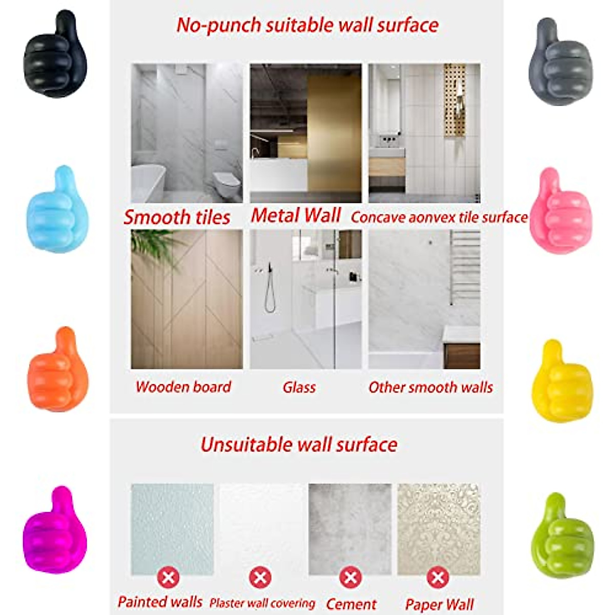 feliposi 18pcs Creative Silicone Thumb Wall Hook- Multi-Function Car Adhesive Cable Clip Key Hanger