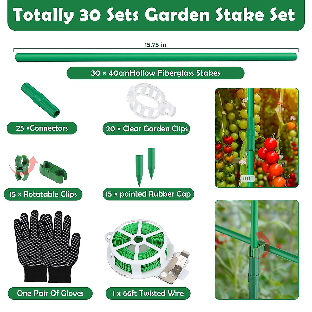 Cludoo 94PCS Garden Stakes Set with 30 Sets Fiberglass Plant Stakes Sticks Supports and Accessories, DIY 4ft 5ft 6ft 7ft Tomato Stakes for Tomato,Vegetables, Pepper, Fences Indoor Outdoor Plants