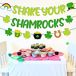 St Patrick Day Banner Shake Your Shamrocks Banner Happy St Patrick Party Garland Decoration Glitter Green Three Leaf Clover Shamrocks Garland for Irish Day Birthday Baby Shower Engagement Bridal Shower Bachelorette Party Anniversary Celebration Supplies
