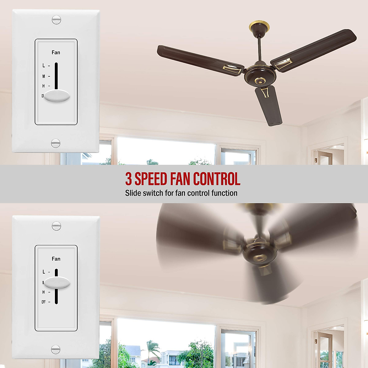 ENERLITES 3 Speed In Wall Ceiling Fan Control, Slide switch, 120VAC, 2.5A, Single-Pole, No Neutral Wire Required, 17000-F3-W-F, White
