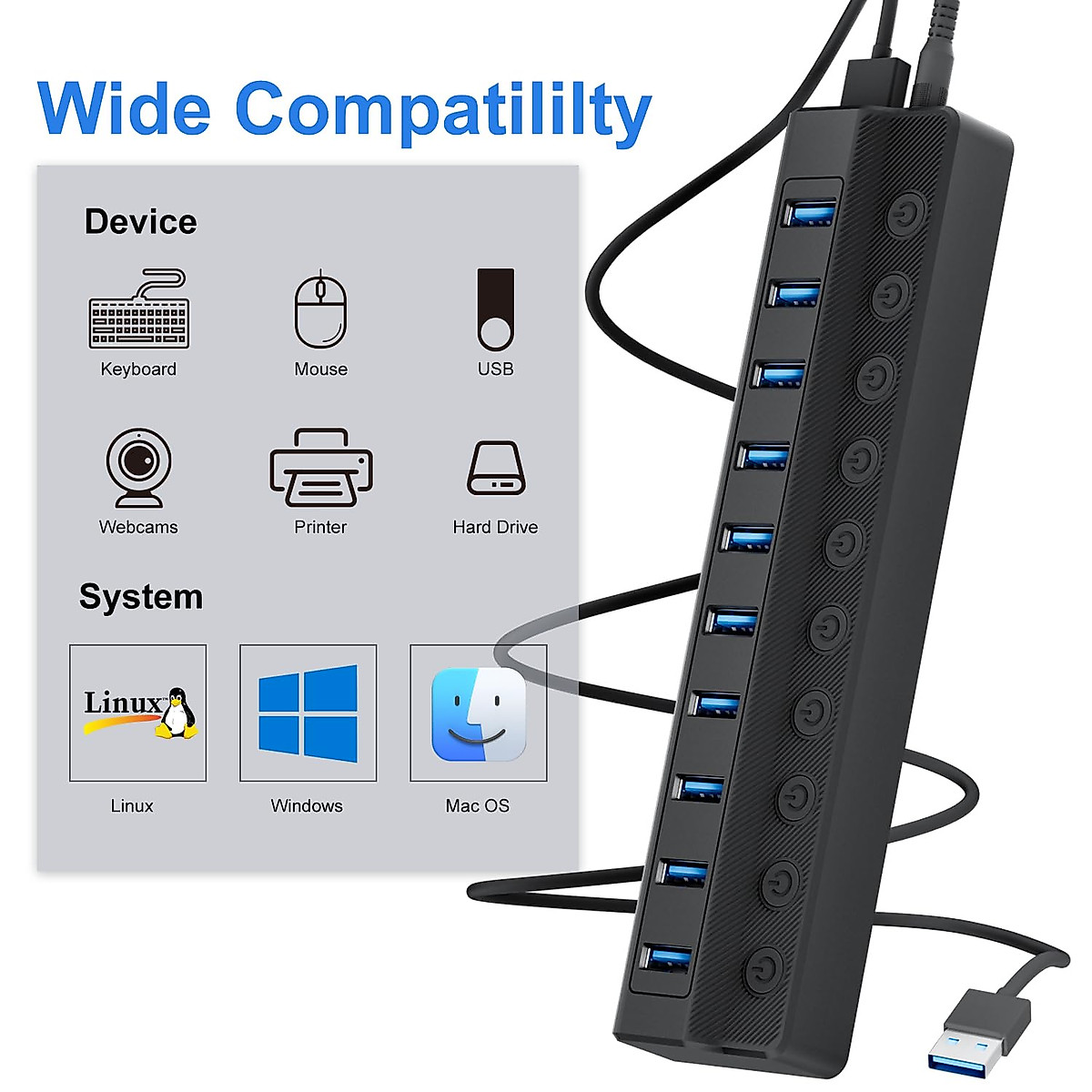 ONFINIO USB Hub 3.0 Powered, 6 Ports USB Hub Splitter (4 High Speed Data Transfer Ports + 2 Smart Charging Ports) with Individual On/Off Switches and 48W Power Adapter for Mac Pro/Mini, PC, HDD, Disk