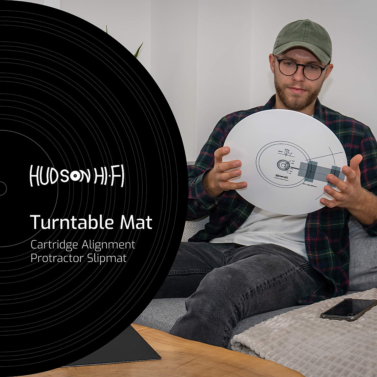 Hudson Hi-Fi Turntable Mat with Cartridge & Needle Alignment Tool- 12"x2mm PVC, Anti-Slip, Anti-Vibration, Enhances Sound Quality- LP Vinyl Calibration Plate, Protect Vinyl- Stylish Design- Born in NY