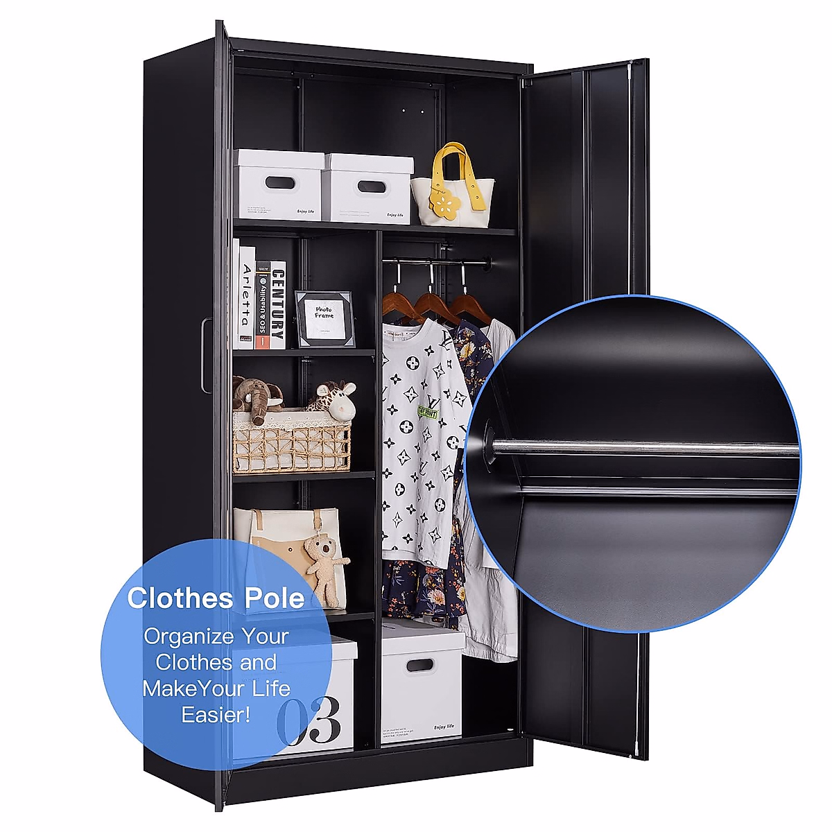 Yizosh Metal Armoire Wardrobe Closet Cabinet for Hanging Clothes with Lock Doors, -72" Steel Lockable Wardrobe Storage Locker Clothes Organizer for Bedroom, Laundry Room (Black)