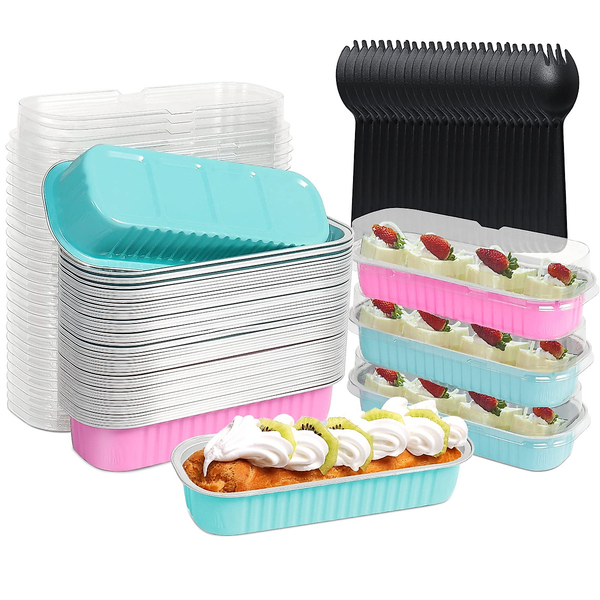 DI QIU REN 50Pack Disposable Mini Loaf Pan with Lid and Spoon, 0.42 Pound Rectangular Aluminum Silver Mini Loaf Pan for Loaf, Cake, Brownie, Cupcake