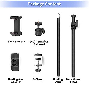 JINSUI Overhead Phone Mount with Holding Arm, Adjustable Camera Desk Mount with Phone Holder and 360° Ball Head, Table C-Clamp Mount Stand for Webcam, Light, Video Recording, Live Streaming