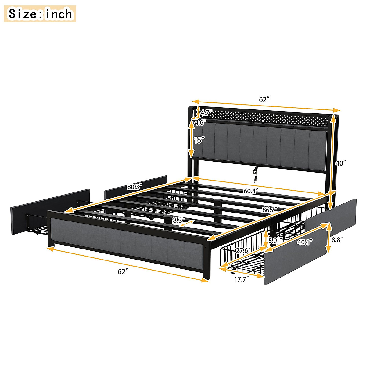 Queen Bed Frame with 4 storage drawers and LED light, LED Bed Frame Queen Size with Shelf Storage Headboard, Upholstered Platform Bed with LED Lights, Solid Wood Slats, Stable Structure (Dark Grey)