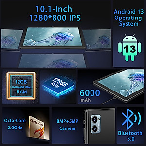 Oangcc Android 13 Tablet 2024 Newest 10 Inch Tablets with 12GB RAM +128GB ROM +1TB Expanded Octa-Core, 2 in 1 Tablet with Keyboard Mouse 5G Wi-Fi Blue/Tooth GMS Certified GPS - Black