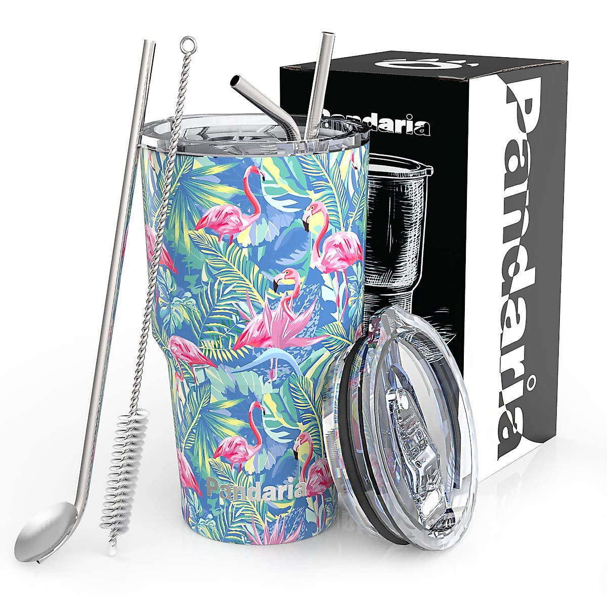 Pandaria 30oz Insulated Tumblers with Lids and Straws, Double wall Stainless Steel Tumbler with straw, Reusable Spill Proof Tumbler, Perfect for Iced Coffee, Tea & More- Flamingo