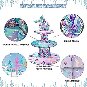 25 PCs Mermaid Cupcake Stand 3-Tier and Mermaid Cupcake Topper Set, Fiesec Mermaid Birthday Supplies Dessert Tower Holder Round Serving Stand Holder for Girls Under The Sea Starfish Seahorse Seashell