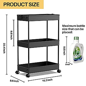 SPACEKEEPER Storage Rolling Cart 3 Tier, Laundry Room Organization Bathroom Cart Organizer Utility Mobile Shelving Unit Multi-Functional Shelves for Office, Kitchen, Black