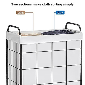 Laundry Hamper with Divided Liner Bag; Collapsible Laundry Basket with Rolling Lockable Wheels; Clothes Hamper with Metal Handle; Laundry Sorter with Removable Liner Bag (White)