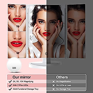 Vanity Mirror with Lights, Lighted Makeup Mirror with 2X 3X 10X Magnification, 21 LED Trifold Compact Touch Dimming Light Up Mirror, Dual Power Supply, Gifts for Women (White)