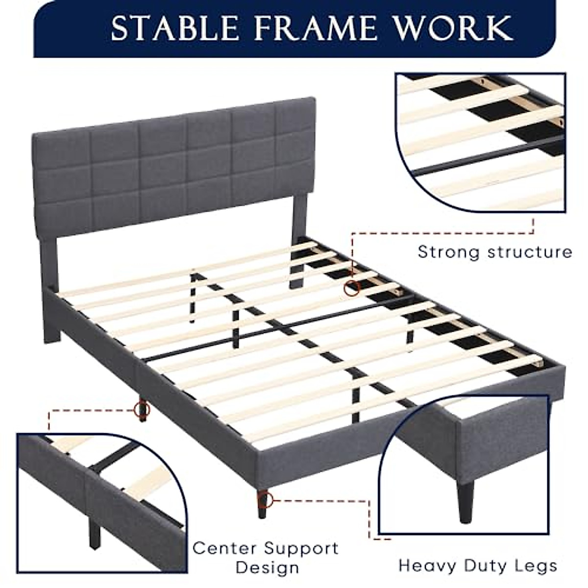 Yone jx je Platform Bed Frame with Fabric Upholstered Headboard and Mattress Foundation Wooden Slats Support, Fabric Upholstered Platform Bed Frame, No Box Spring Needed (Gray, Queen Size)