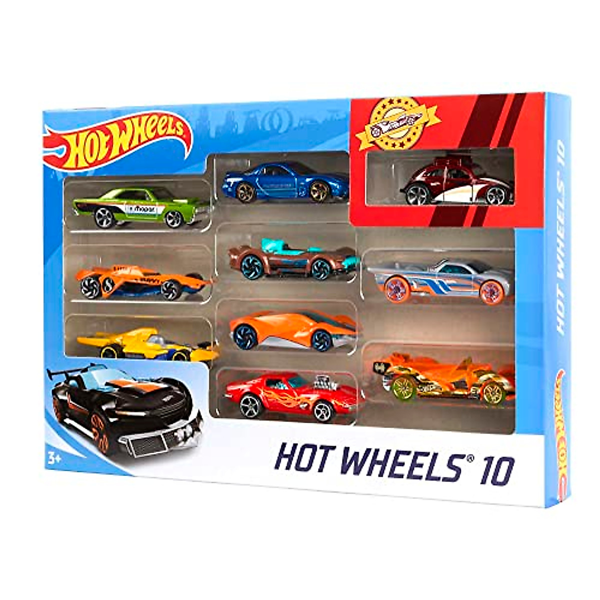 Hot Wheels Set of 10 Toy Cars & Trucks in 1:64 Scale, Race Cars, Semi, Rescue or Construction Trucks (Styles May Vary)