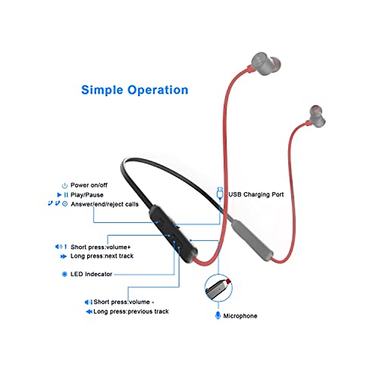 NANAMI Bluetooth Earbuds, 5.0 Bluetooth Wireless Headphones, IPX7 Waterproof, in-Ear Earphones with Mic, Noise Cancelling Headsets, Magnetic Neckband, 15 Hours Playtime for Gym, Sports (Red with Red)