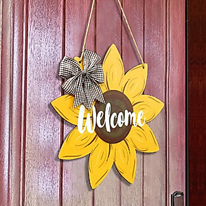 Sunflower Welcome Wood Door Hanger 12 Inch Large Wooden Flower Sign Inspirational Wall Porch Art Spring Summer Fall Front Door Wreath Hanging for Bedroom Living Room Indoor Outdoor Kitchen Home Decor
