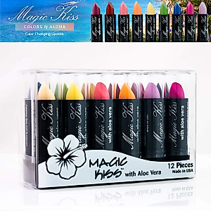Magic Kiss Pack of 12 Color Changing Aloe Vera Lipstick Set Made in USA (Colors of Aloha 03)