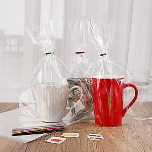 50 pcs Clear 11" x 14" Flat Cello Cellophane Bags Poly Treat Bags 2.8 mils for Gift Wrapping, Bakery, Cookie, Candies, Toast, Dessert, Party Favors Packaging with Color Twist Ties