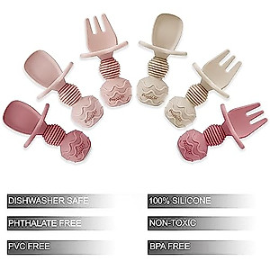 PandaEar 6 Pack Silicone Baby Spoons and Fork Feeding Set- Anti-Choke First Self Feeding Utensils for Baby Led Weaning Ages 3 Months -Pink