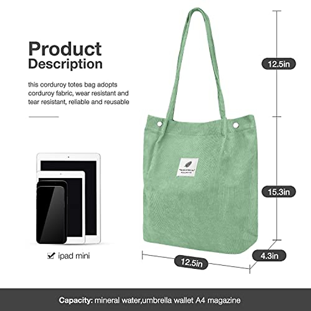 Corduroy Tote Bags for Women Girls, Large Capacity Reusable Grocery Shoulder Bag with Inner Pockets (Bean)…, Green