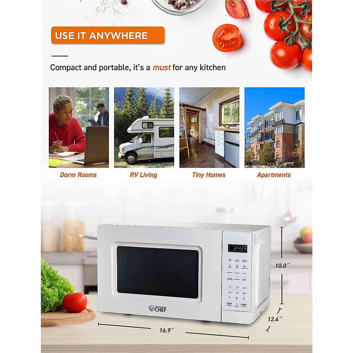 COMMERCIAL CHEF 0.7 Cu Ft Microwave with 10 Power Levels, 700W Microwave with Digital Display, Countertop Microwave with Child Safety Door Lock, Programmable with Push Button, White