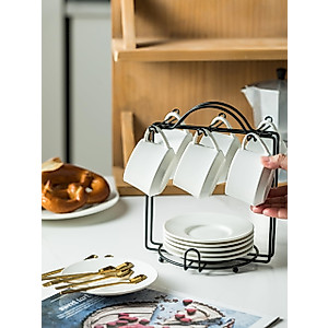 YHOSSEUN Espresso Cups and Saucers with Metal Stand, Porcelain Demitasse Cups Set for Espresso, Latte, Cafe Mocha, Cappuccino and Tea, 3 Ounce, Set of 6, White