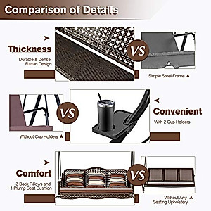 AECOJOY 3-Seat Outdoor Patio Swing Chair, Large Converting Canopy Porch Swing Glider, Hammock Lounge Chair for Porch, Rattan Wicker Steel Frame Cushion & Pillow, Brown