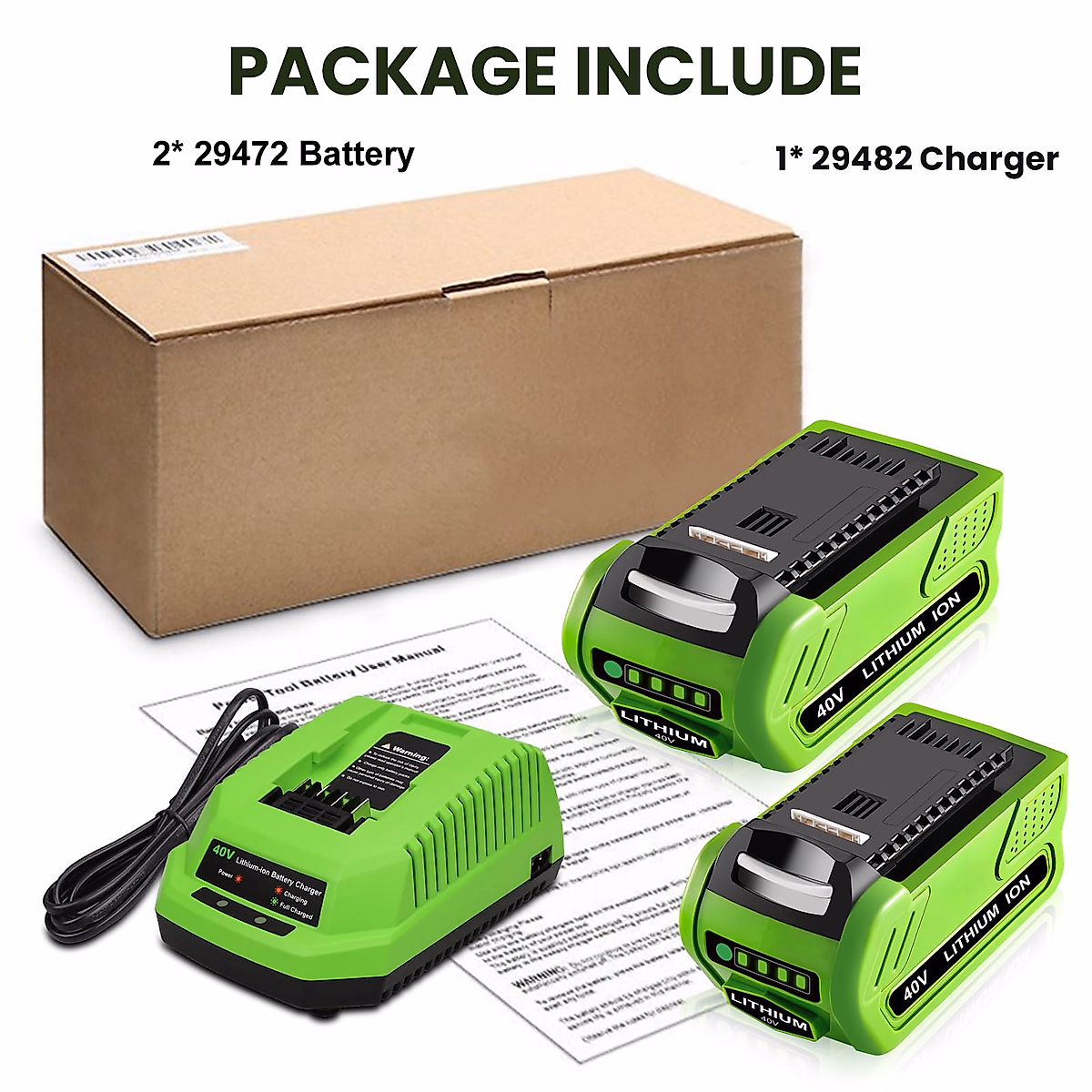 Amsbat 2-Pack 6.0Ah Lithium ion 29462 29472 Battery and 29482 Charger Replacement for Greenworks 40V Battery and Charger Compatible with Greenworks 40 Volt G-MAX Lawn Garden Power Tools(Green)