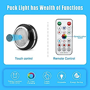 MFOX Battery Lights Under Cabinet Lighting, Puck Lights with 2 Remote Control 6 Pack and LED Color Changing Wireless Ceiling Light with Timer, Dimmable Closet Lights, Led Lights for Bedroom.