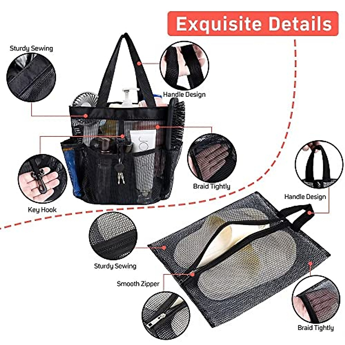 LETHMIK Mesh Shower Caddy - Large Hanging Portable Tote Bag 8 Pockets Deeper, Quick Dry Shower Caddy Basket Bag with Shoe Bag & Key Hook, Bath Organizer for College Dorms, Gym, Camp, Beach (Black)