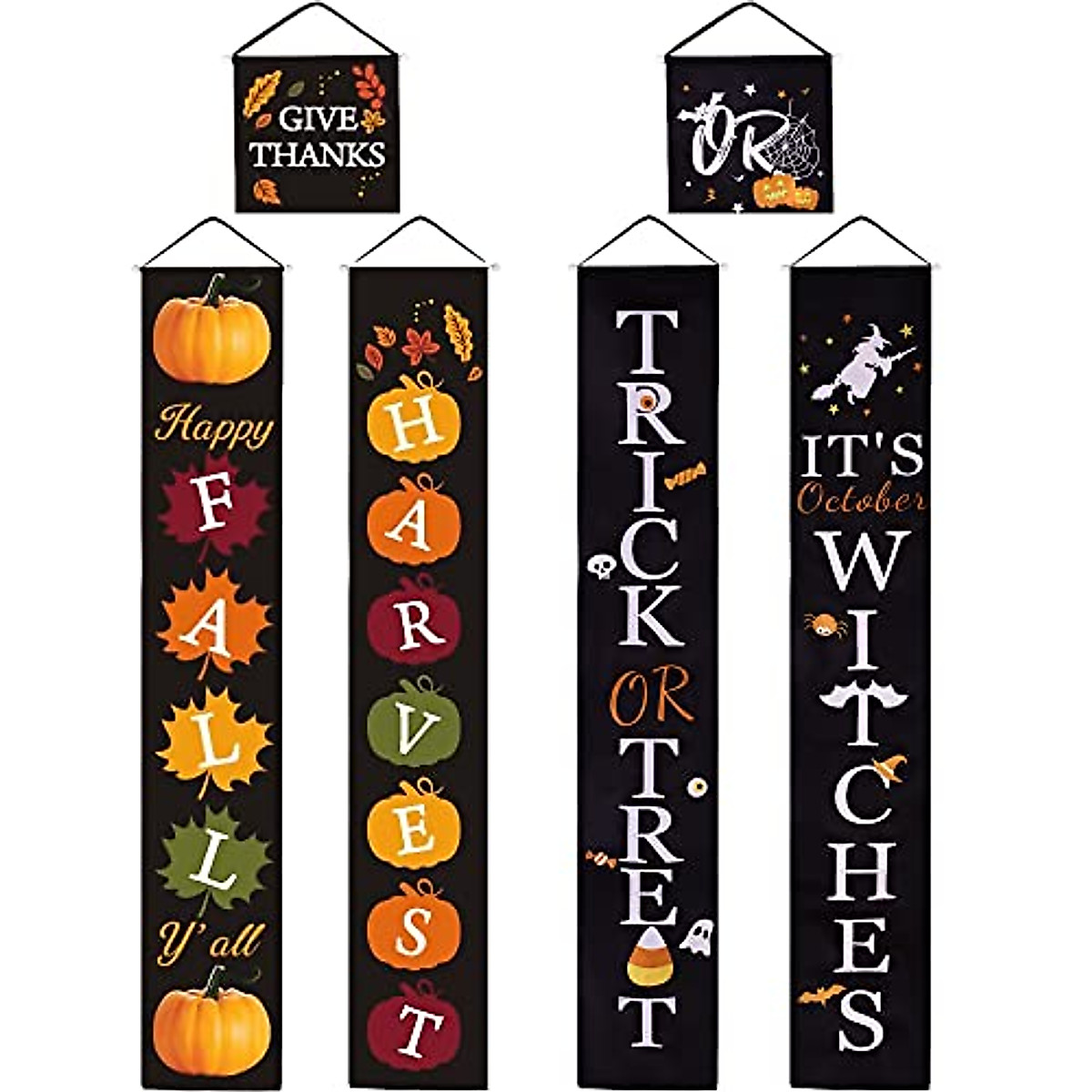 3 Pieces Thanksgiving Reversible Banner Happy Fall Harvest and Halloween Trick or Treat Witches Banner Thanksgiving Halloween Day Porch Sign Hanging Sign for Fall Decorations Outdoor (Black)