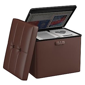 Tamfile Storage Ottoman with Lock, Fireproof Safe Folding for Documents, Waterproof Foot Rest Stool, Stable Short Living Room, Brown, 17 * 13 * 13inch