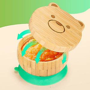 Suction Bowl with Lid and Spoon for Babies and Toddlers,Stay Put Feeding Bowl,Natural Bamboo Wood for Easy Clean Tableware, Perfect for Babies’ weaning Journey | Set of 3