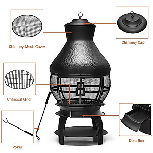 S AFSTAR Outdoor Cast Iron Chimenea, Fireplace Wooden Chiminea Fire Pit w/Fire Poker, 360°Fire Retardant Mesh Cover, Patio Wood Burning Chiminea