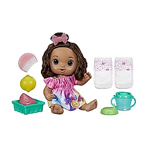 Baby Alive Fruity Sips Doll, Lemon, Toys for 3 Year Old Girls, 12-inch Baby Doll Set, Drinks & Wets, Pretend Juicer, Kids 3 and Up, Brown Hair