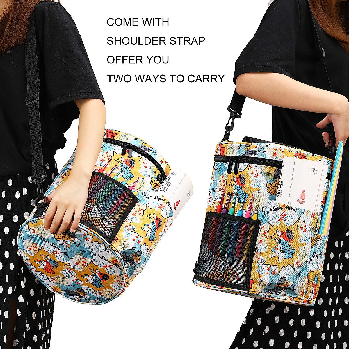 KOKNIT Cartoon Yarn Storage Bag, High Capacity Crochet Organizer Tote with Pockets for Skeins of Yarn, Knitting Needles(Up to 14") and Other Small Accessories, for Lovely People