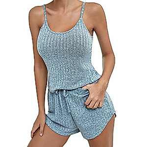 Verdusa Women's 2 Piece Pajama Sets Rib Knit Crop Cami Top and Shorts PJ Set Blue M