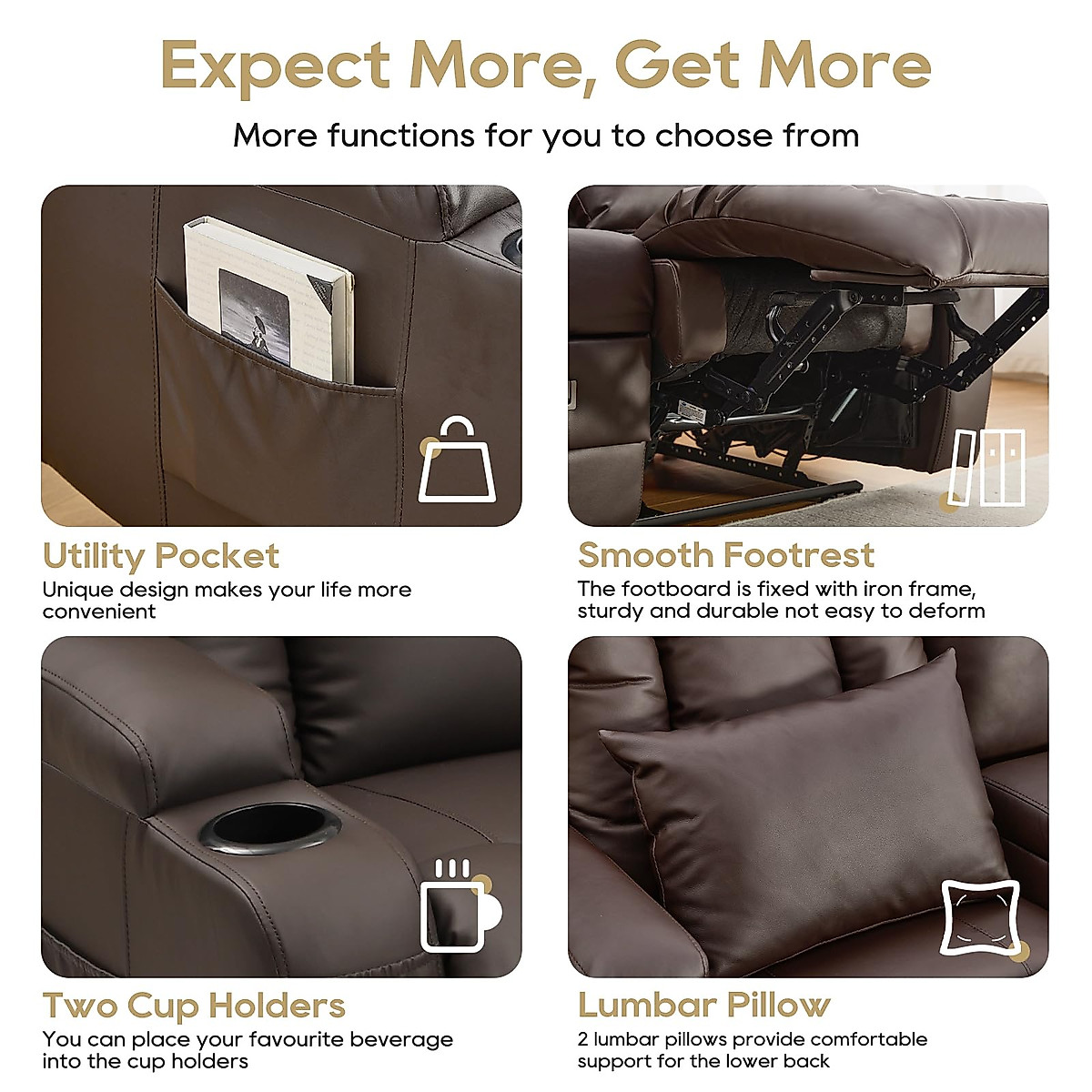 IPKIG 54.2" RV Loveseat Recliner | Double Recliner RV Sofa with Side Pockets | Faux Leather Reclining RV | RV Theater Seats |RV Theater Seating | RV Furniture, Manual Recliner Chair (Brown)