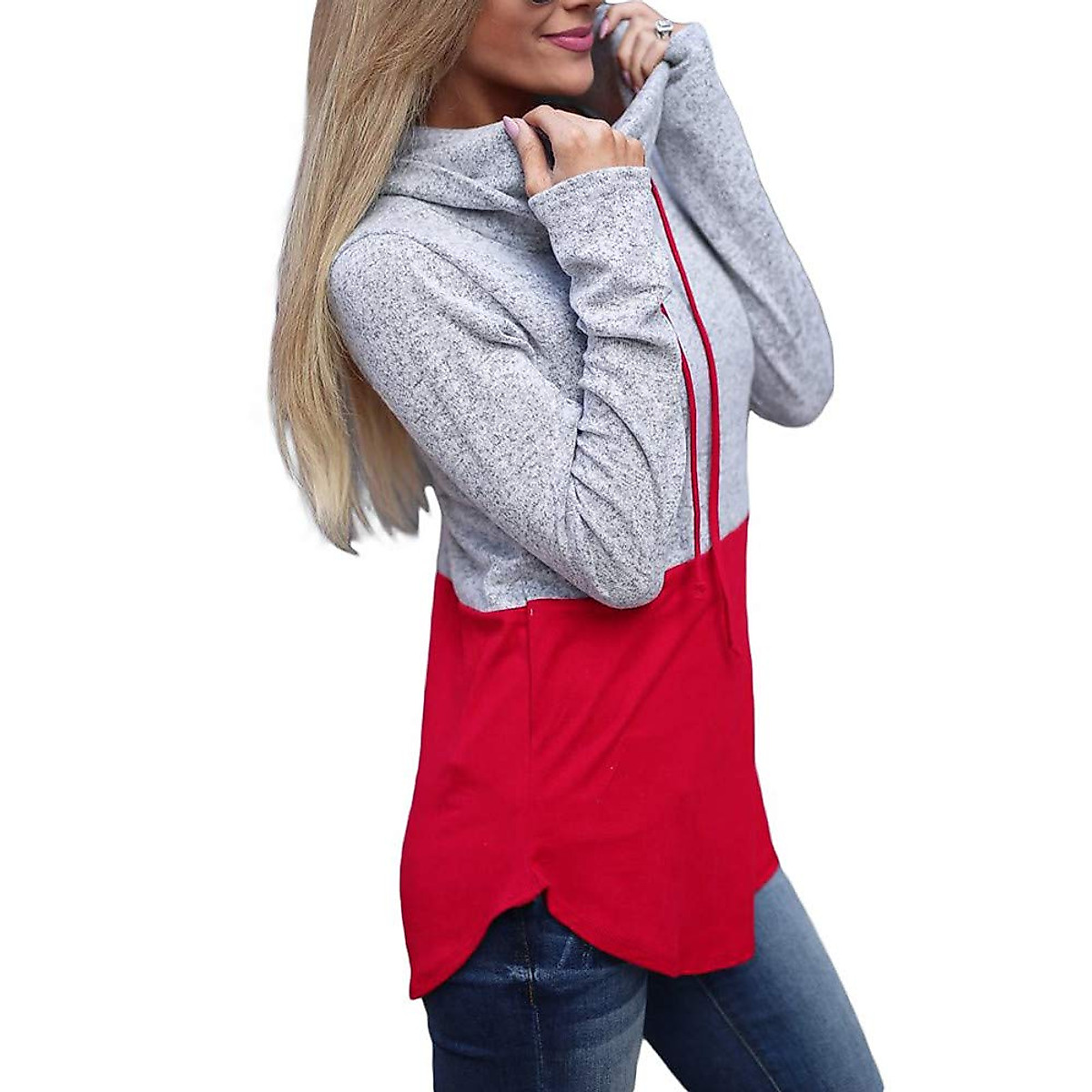Women Cowl Neck Color Block Long Sleeve Tunic Sweatshirt Pullover Tops Turtleneck Patchwork Shirt Blouse Top Red