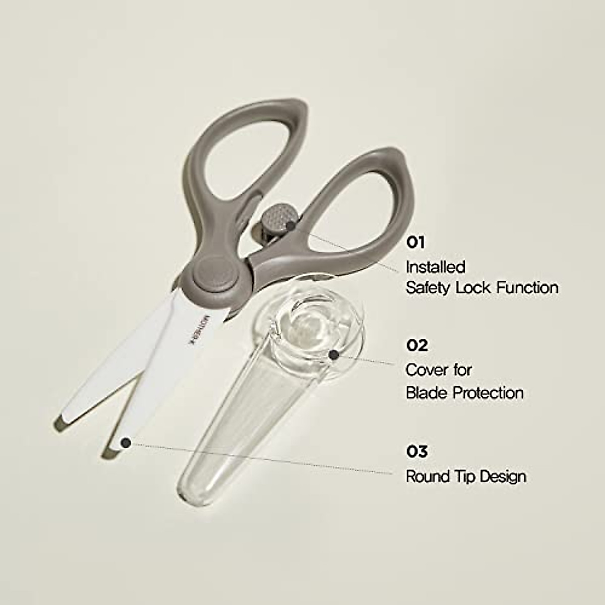 MOTHER-K Portable Ceramic Scissors with Tong Set, Ceramic Scissors for Baby Food with Protective Blade Cover and Portable Case, Safety Lock (GREY)